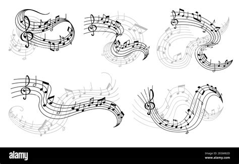 Music Icons Of Musical Staff Or Music Stave Notes And Clef Vector Set