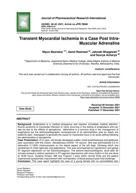 Pdf Transient Myocardial Ischemia In A Case Post Intra Muscular Adrenaline