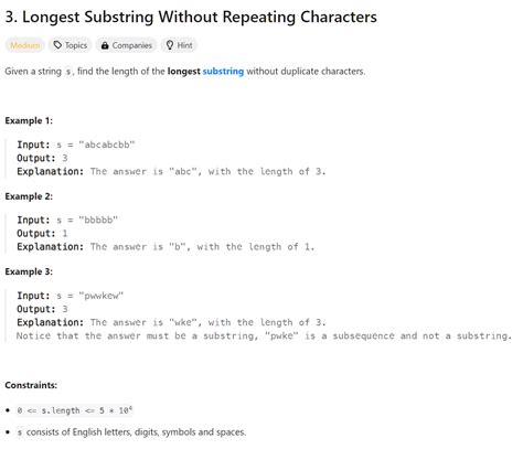 3 Longest Substring Without Repeating Characters
