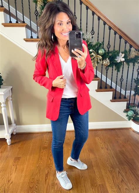 4 Ways To Style A Red Blazer Cyndi Spivey Orange Blouses Outfit