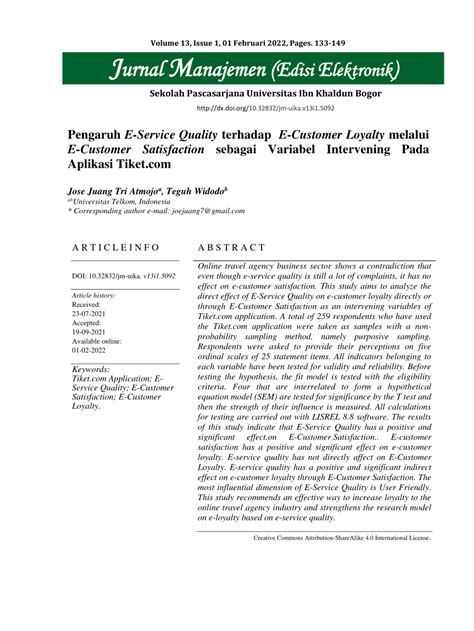 Pdf Pengaruh E Service Quality Terhadap E Customer Loyalty Melalui E
