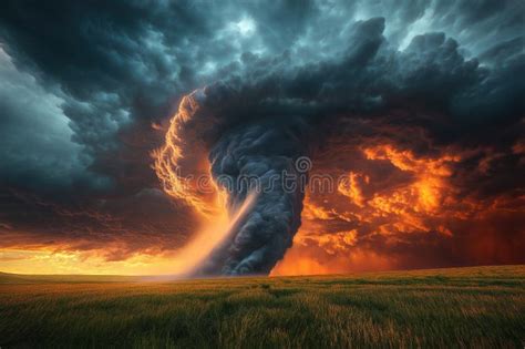 Dramatic Tornado Forms In Field During Sunset Powerful Winds Create Dark Vortex Against