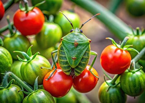 Aerial View Of Green Shield Bug Infestation On Unripe Cherry Tomatoes In A Vegetable Garden A