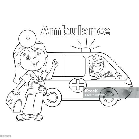 의 색칠용 그림 페이지 말풍선이 있는 의사 구급차 자동차모드 컬러링 북 페이지 일러스트레이션 기법에 대한 스톡 벡터 아트 및 기타 이미지 컬러링 북 페이지 일러스트레이션