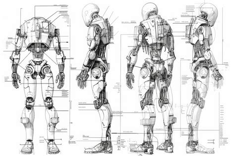 Dibujo De Un Traje Exo Robótico De Vanguardia Exhibido En Diferentes