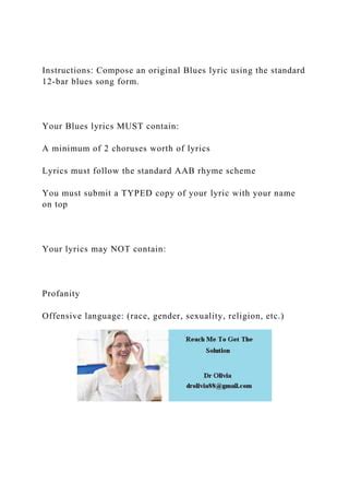 Instructions Compose An Original Blues Lyric Using The Standard 1 Docx