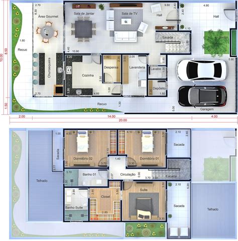 Plano De Casa Moderna De Una Planta Con Dos Dormitori