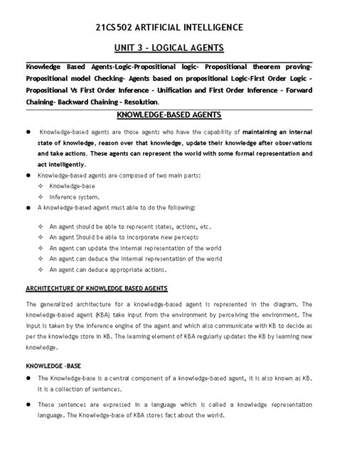 21cs502 Ai Unit 3 Logical Agents And Propositional Theorem Proving Notes