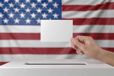 Hand Casting Vote In Ballot Box With American Flag Background Premium