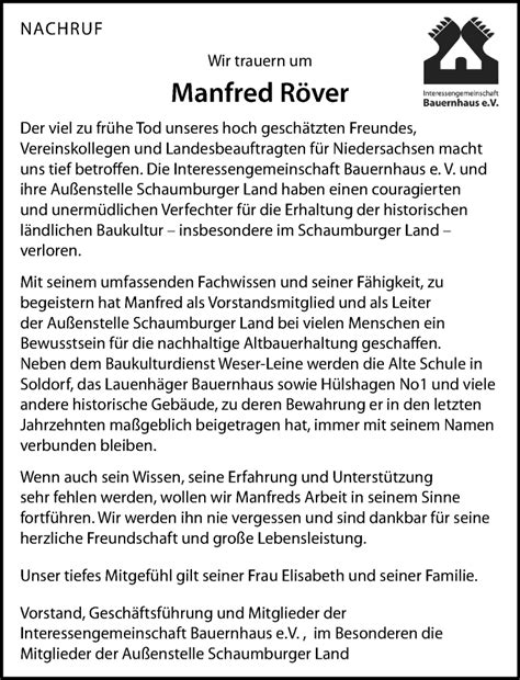 Traueranzeigen Von Manfred Röver Trauer Anzeigende