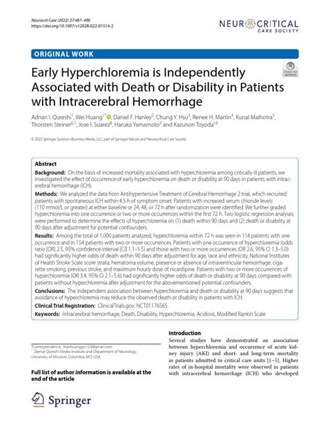 Qureshi Adnan I Early Hyperchloremia Is Independently Pdf Stroke