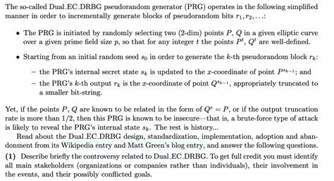 Solved The So Called Dual Ec Drbg Pseudorandom Generator Chegg