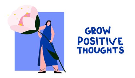벡터 일러스트레이션으로 긍정적 인 생각 영감을주는 텍스트를 성장시킵니다 손에 거대한 분홍색 꽃을 가진 젊은 여자 낙관적 인 글자가있는 엽서 내면의 평화와 성장 개념 8에