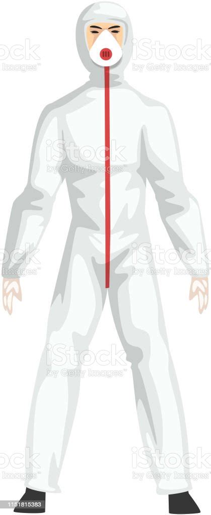 남자 흰색 보호 소송 및 가스 마스크 화학 또는 생물 학적 전문가 안전 유니폼 벡터 일러스트 레이 션 과학자에 대한 스톡 벡터
