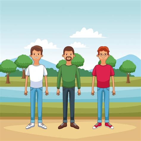 Jóvenes amigos masculinos en dibujos animados del parque Vector Premium