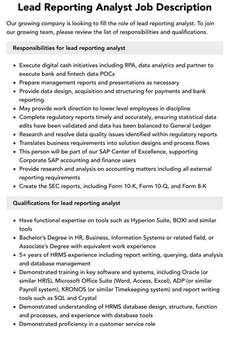 Lead Reporting Analyst Job Description Velvet Jobs