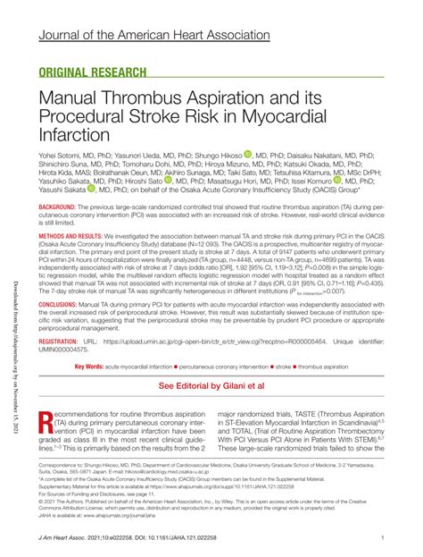 Pdf Manual Thrombus Aspiration And Its Procedural Stroke Risk In Myocardial Infarction