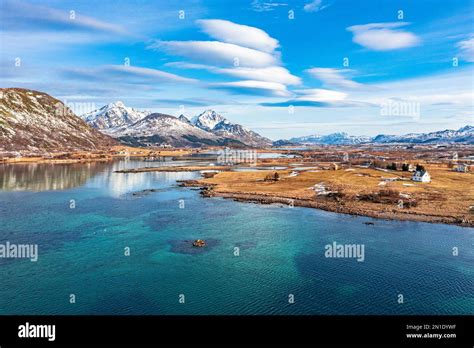 Lone Traditional House Along The Fjord Aerial View Leknes Nordland