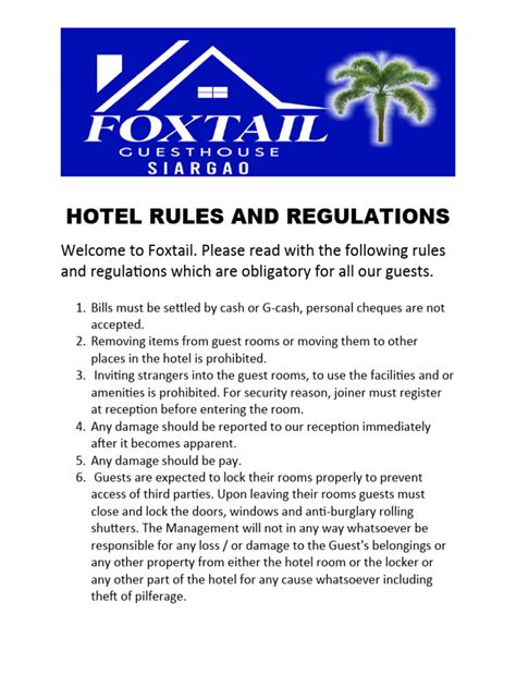 Hotel Rules And Regulations Pdf