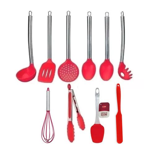 Conjunto Kit Jogo Colheres De Silicone Cabo Inox 10 Peças Utensílios