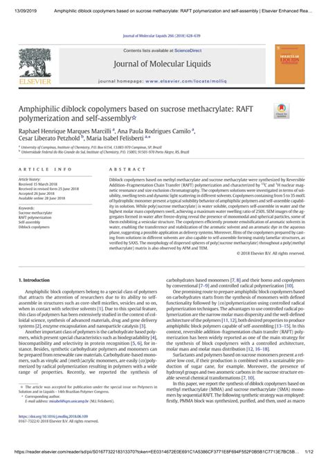Pdf Amphiphilic Diblock Copolymers Based On Sucrose Methacrylate Raft Polymerization And Self
