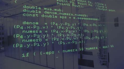 Computer Code Animating Over Server Room Background With Rows Of