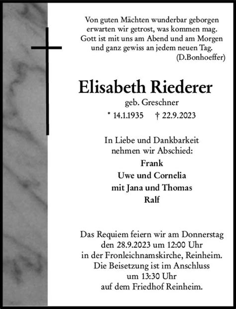 Traueranzeigen Von Elisabeth Riederer Vrm Trauerde