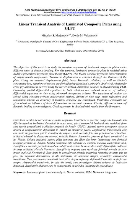 Pdf Linear Transient Analysis Of Laminated Composite Plates Using Glpt