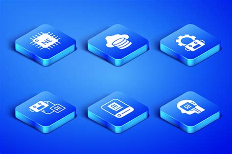 휴머노이드 로봇 프로세서 Cpu 인공 지능 Ai 클라우드 데이터베이스 및 로봇 설정 아이콘을 설정합니다 벡터 등측투영법에 대한 스톡 벡터 아트 및 기타 이미지 Istock