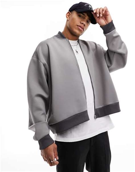 Asos Design Oversized Bomber Jacket In Scuba In Grey Asos