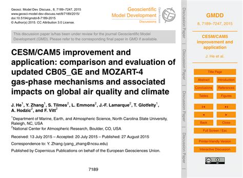 Pdf Cesm Cam5 Improvement And Application Comparison And Evaluation Of Updated Cb05 Ge And