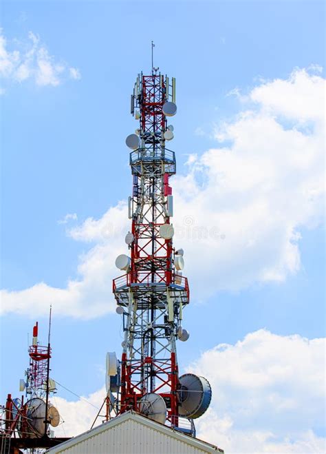 Cell Tower With Antenna Against Blue Sky Stock Image Image Of