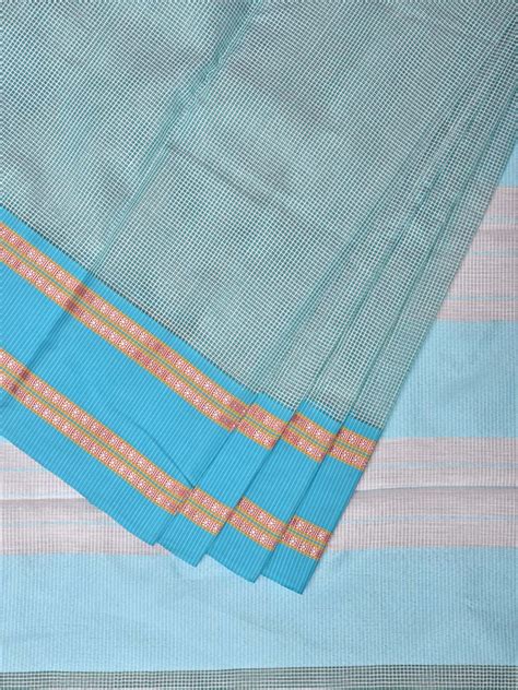 Sea Green And Blue Bamboo Cotton Saree With Small Checks Design No Blo
