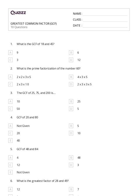 Printable Greatest Common Factor Worksheets Quizizz