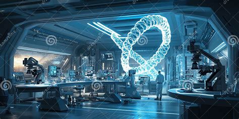 Futuristic Laboratory With Scientists Working On A Glowing Dna Strand