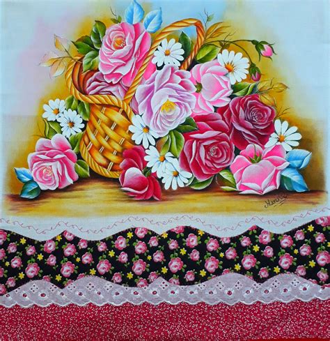 Pano de copa ou prato pintado à mão cesta rosas Elo7