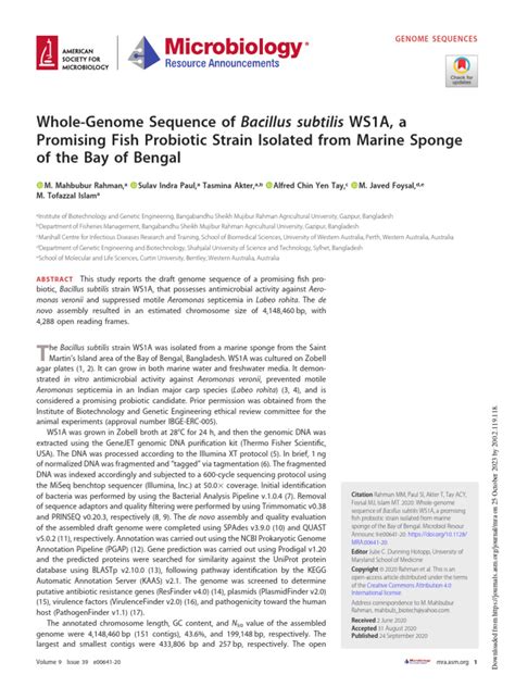 Rahman Et Al 2020 Whole Genome Sequence Of Bacillus Subtilis Ws1a A