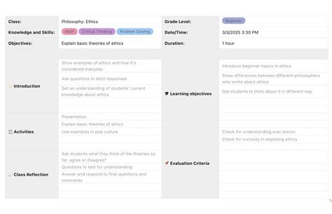 Lesson Plan Table Template Fusebase