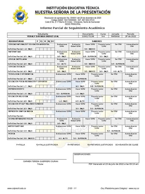 Informe Parcial De Seguimiento Acadmico Pdf