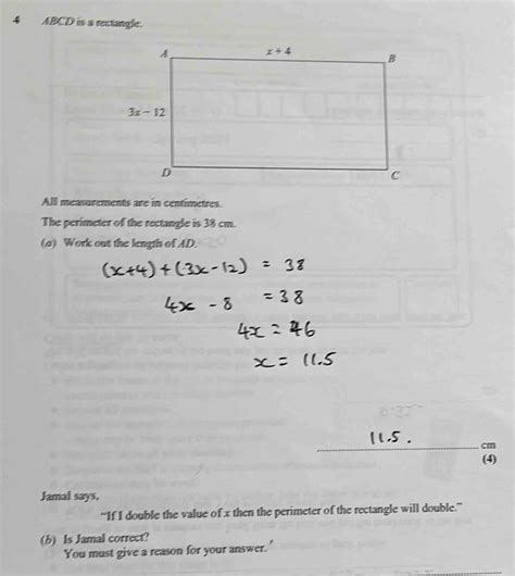 Solved 4 Abcd Is A Rextangle All Measurements Are In Centimetres The Perimeter Of The