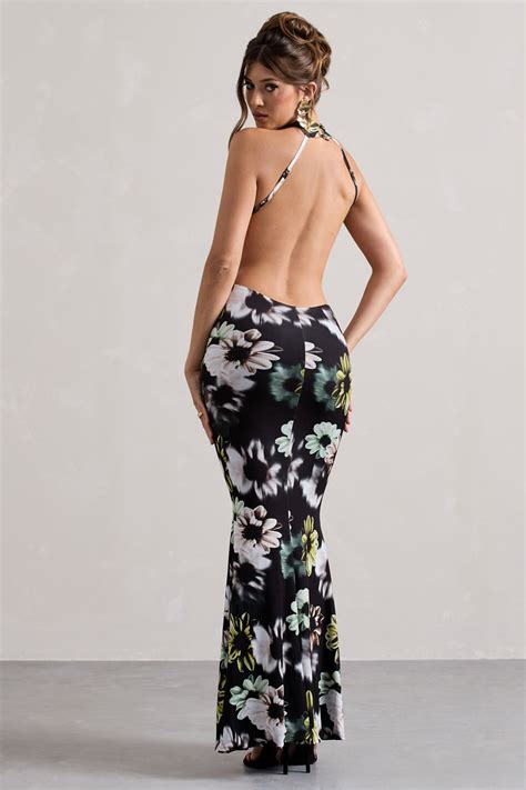 Tuscany Black Floral Print Halter Neck Split Maxi Dress Club L London