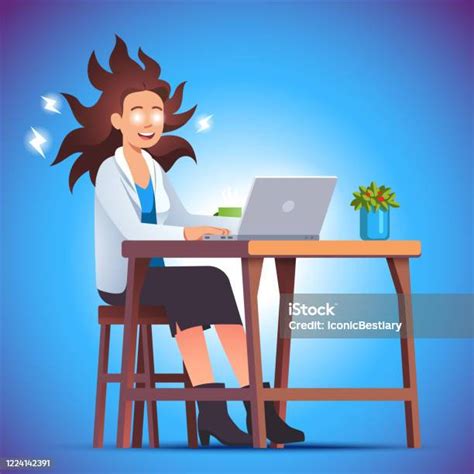 미친 활력과 생산적인 여자 노트북 컴퓨터를 사용 하 여 작업 그녀의 책상에 앉아 일을하는 흥분 사업가 에너지가 넘치는 효율적인 작업자 플랫 벡터 일러스트레이션 개념에 대한