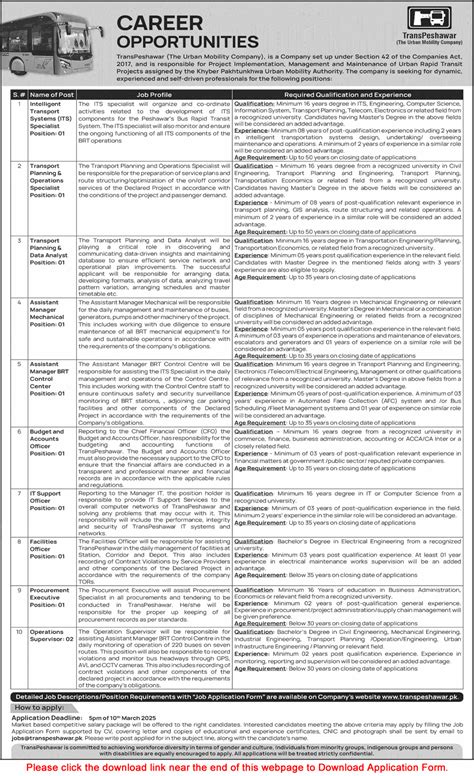 Trans Peshawar Jobs 2025 February Application Form Operations
