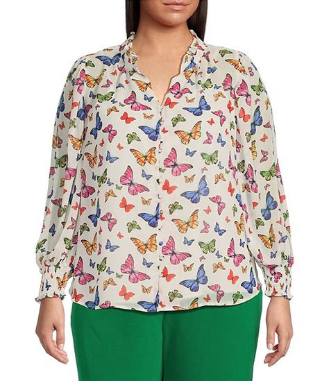 Sugarlips Plus Size Butterfly Print Split V Neck Long Sleeve Blouse