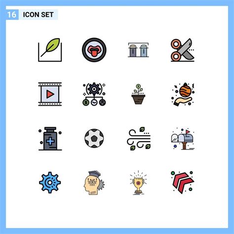 User Interface Pack Of 16 Basic Flat Color Filled Lines Of Cinema Slice Paper Scissor Cutting