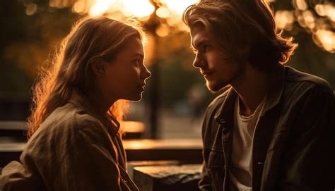 Um jovem casal se abraça ao pôr do sol desfrutando da união despreocupada gerada pela ia Foto