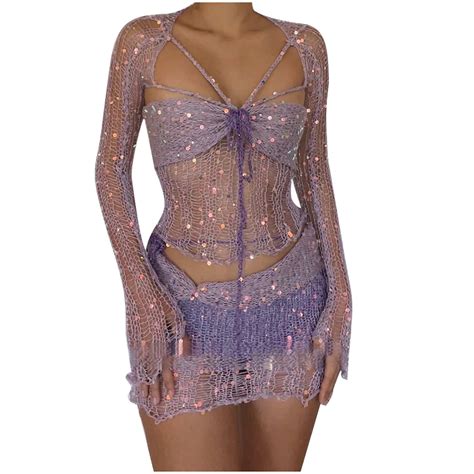 Posijego 2 Piece Outfit For Women Sequin Crochet Knit Long Sleeve Crop