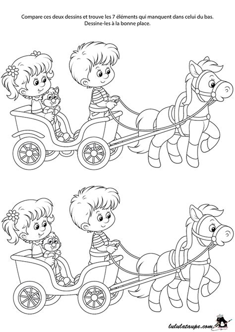 Jeu des différences à imprimer les enfants et le cheval Lulu la