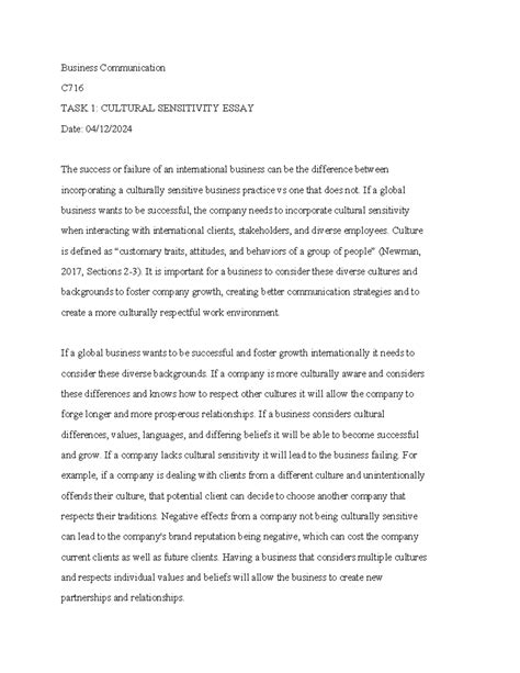 C716 Task 1 Task 1 Assessment Paper Business Communication C TASK 1 CULTURAL SENSITIVITY