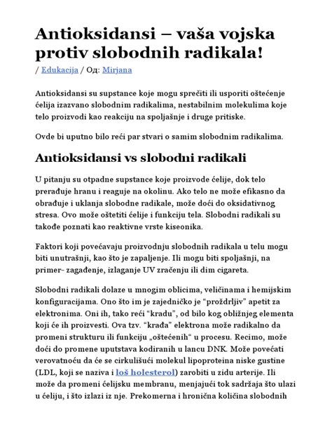 Antioksidansi Vaša Vojska Protiv Slobodnih Radikala Pdf